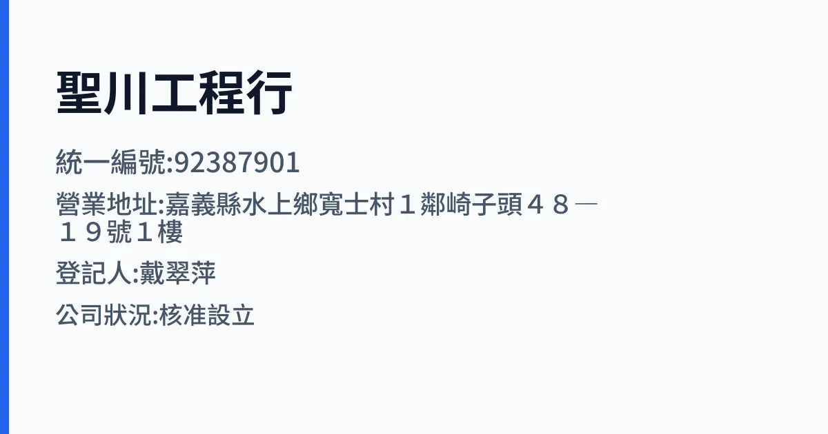 聖川工程行 - 統編 92387901(嘉義縣) 公司登記資料與營業項目詳細圖表