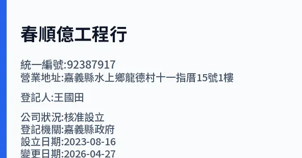 春順億工程行的照片-統編 92387917(嘉義縣) 公司登記資料與營業項目詳細圖表
