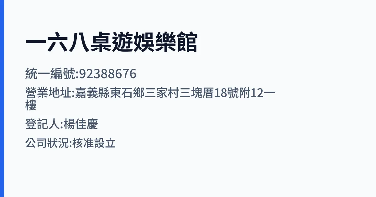 一六八桌遊娛樂館 - 統編 92388676(嘉義縣) 公司登記資料與營業項目詳細圖表