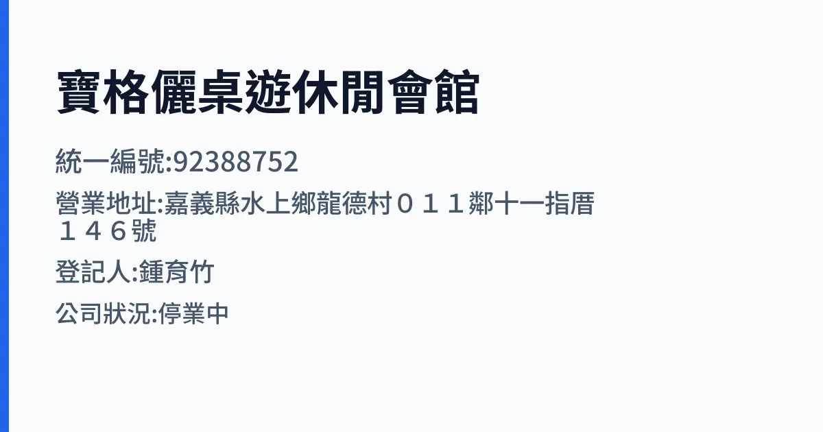 寶格儷桌遊休閒會館 - 統編 92388752(嘉義縣) 公司登記資料與營業項目詳細圖表