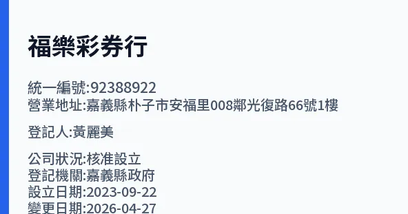 福樂彩券行的照片-統編 92388922(嘉義縣) 公司登記資料與營業項目詳細圖表