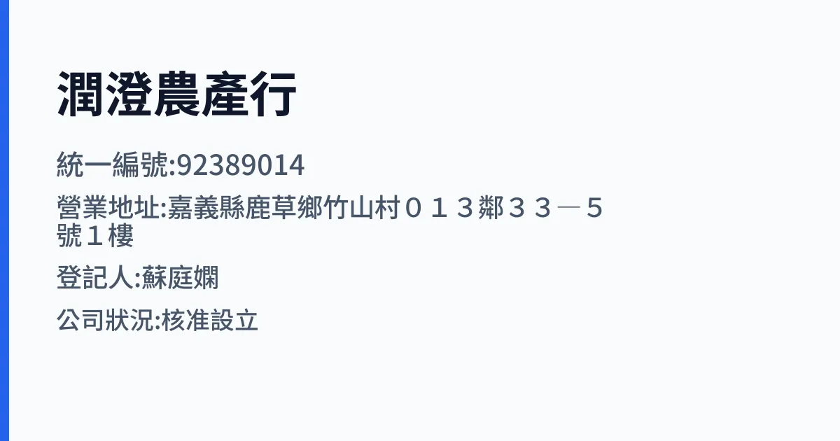 潤澄農產行 - 統編 92389014(嘉義縣) 公司登記資料與營業項目詳細圖表