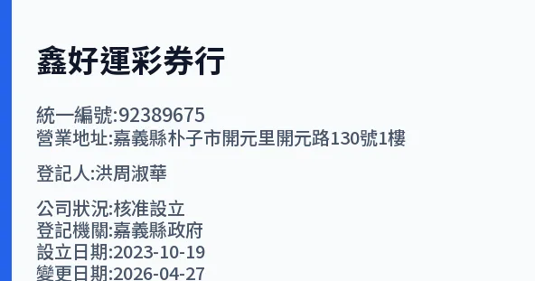 鑫好運彩券行的照片-統編 92389675(嘉義縣) 公司登記資料與營業項目詳細圖表