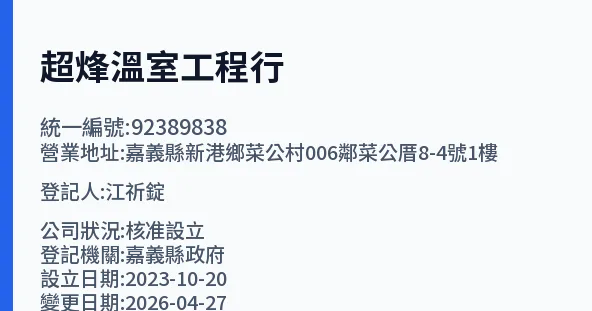 超烽溫室工程行的照片-統編 92389838(嘉義縣) 公司登記資料與營業項目詳細圖表