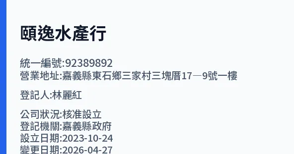 頤逸水產行的照片-統編 92389892(嘉義縣) 公司登記資料與營業項目詳細圖表