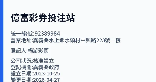 億富彩券投注站的照片-統編 92389984(嘉義縣) 公司登記資料與營業項目詳細圖表