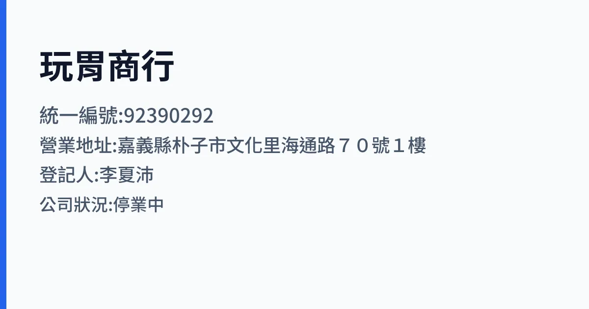 玩胃商行 - 統編 92390292(嘉義縣) 公司登記資料與營業項目詳細圖表