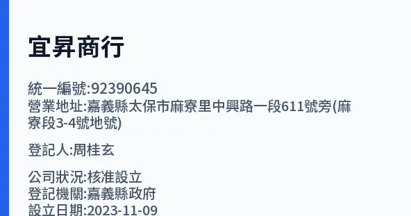 宜昇商行的照片-統編 92390645(嘉義縣) 公司登記資料與營業項目詳細圖表