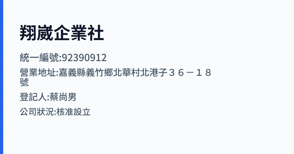 翔崴企業社 - 統編 92390912(嘉義縣) 公司登記資料與營業項目詳細圖表