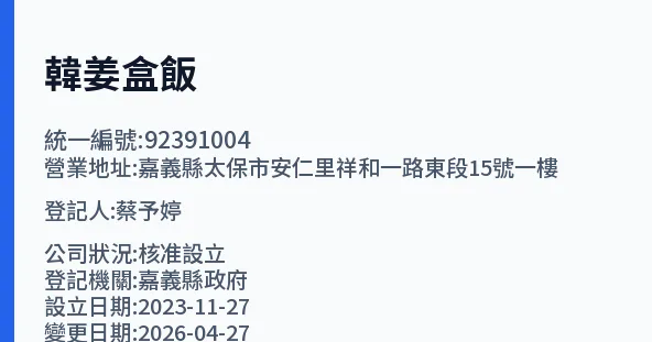 韓姜盒飯的照片-統編 92391004(嘉義縣) 公司登記資料與營業項目詳細圖表