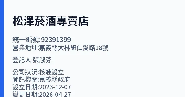 松澤菸酒專賣店的照片-統編 92391399(嘉義縣) 公司登記資料與營業項目詳細圖表