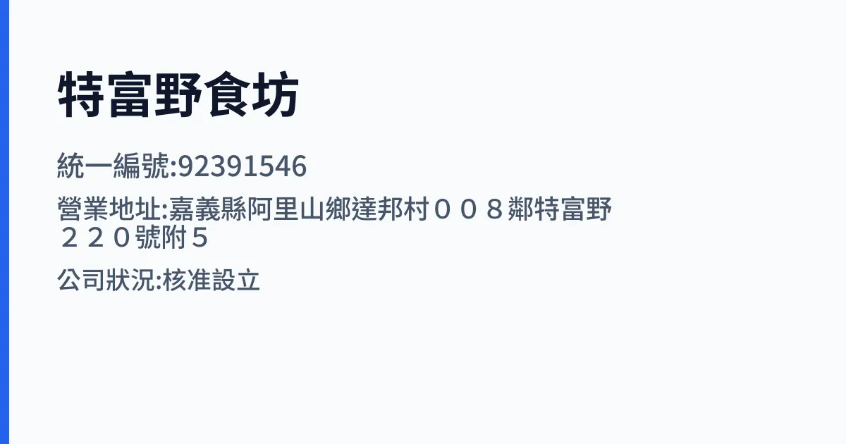 特富野食坊 - 統編 92391546(嘉義縣) 公司登記資料與營業項目詳細圖表