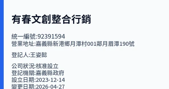 有春文創整合行銷的照片-統編 92391594(嘉義縣) 公司登記資料與營業項目詳細圖表