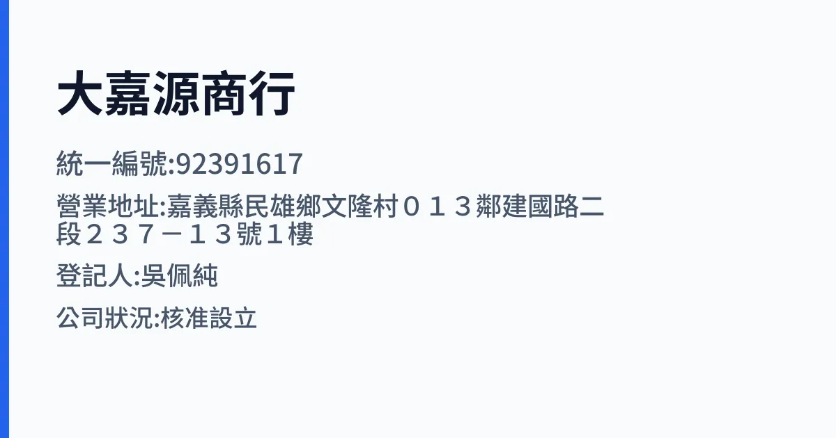 大嘉源商行 - 統編 92391617(嘉義縣) 公司登記資料與營業項目詳細圖表