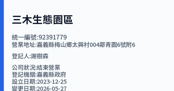 三木生態園區的照片-統編 92391779(嘉義縣) 公司登記資料與營業項目詳細圖表