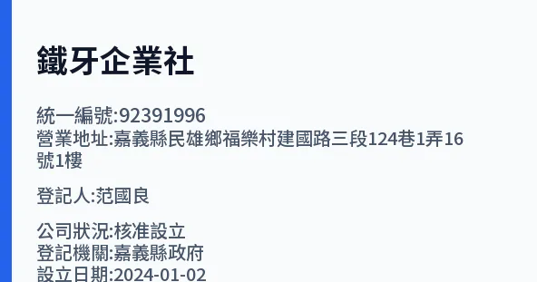 鐵牙企業社的照片-統編 92391996(嘉義縣) 公司登記資料與營業項目詳細圖表