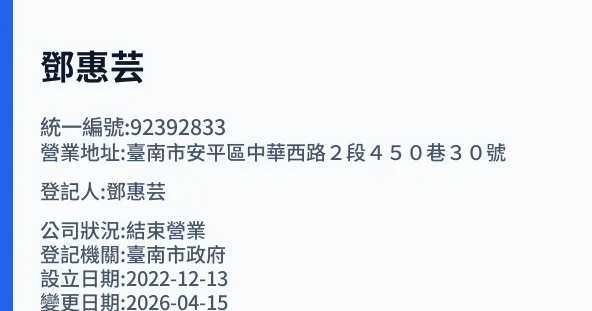 鄧惠芸的照片-統編 92392833(臺南市) 公司登記資料與營業項目詳細圖表