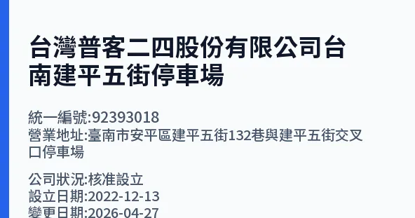 台灣普客二四股份有限公司台南建平五街停車場的照片-統編 92393018(臺南市) 公司登記資料與營業項目詳細圖表