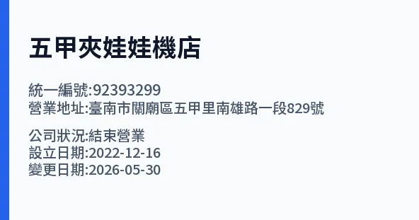 五甲夾娃娃機店的照片-統編 92393299(臺南市) 公司登記資料與營業項目詳細圖表