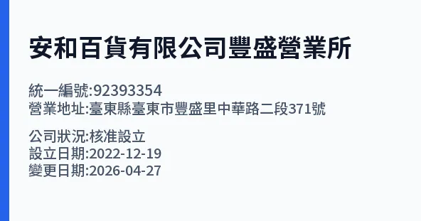 安和百貨有限公司豐盛營業所的照片-統編 92393354(臺東縣) 公司登記資料與營業項目詳細圖表