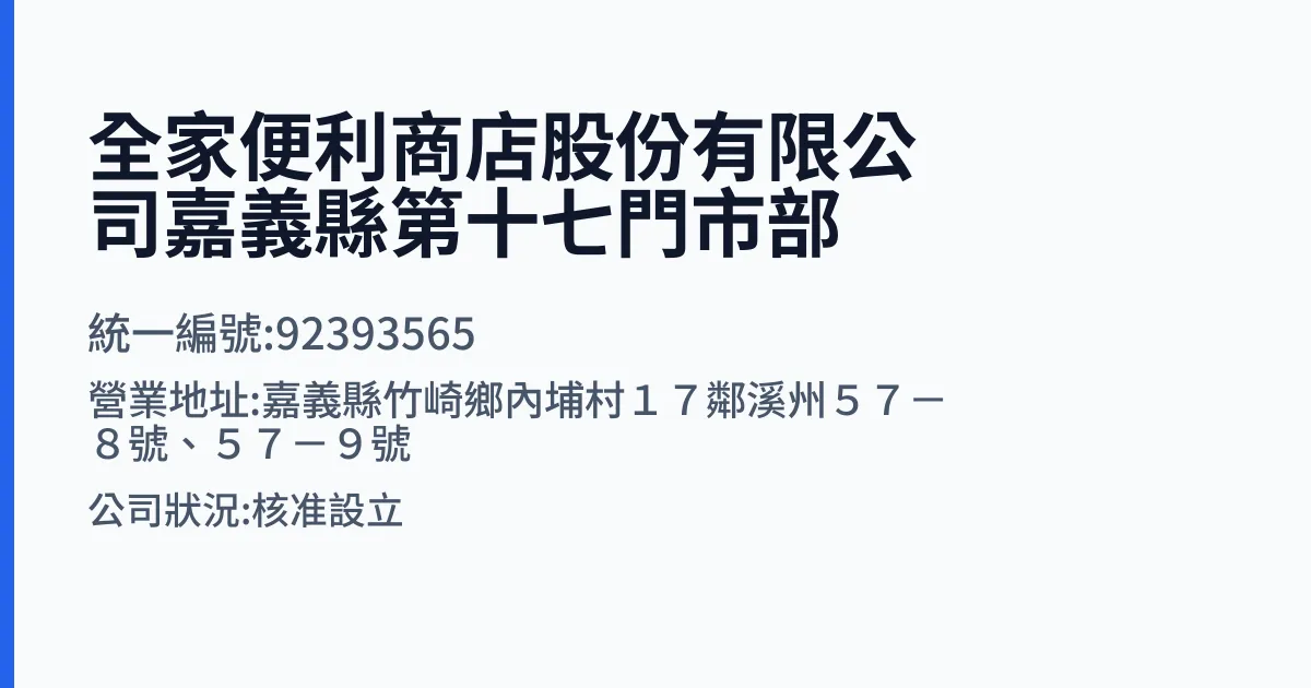 全家便利商店股份有限公司嘉義縣第十七門市部 - 統編 92393565(嘉義縣) 公司登記資料與營業項目詳細圖表