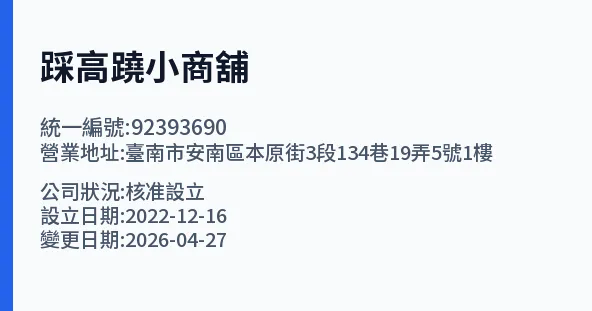 踩高蹺小商舖的照片-統編 92393690(臺南市) 公司登記資料與營業項目詳細圖表