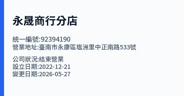 永晟商行分店的照片-統編 92394190(臺南市) 公司登記資料與營業項目詳細圖表