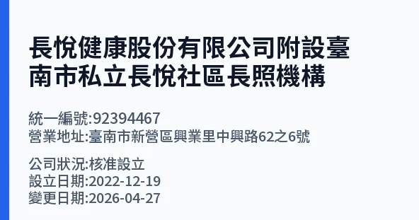 長悅健康股份有限公司附設臺南市私立長悅社區長照機構的照片-統編 92394467(臺南市) 公司登記資料與營業項目詳細圖表