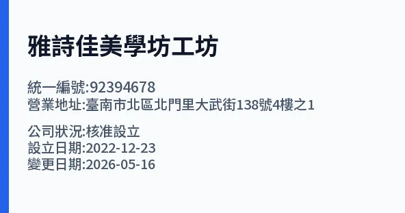 雅詩佳美學坊工坊的照片-統編 92394678(臺南市) 公司登記資料與營業項目詳細圖表