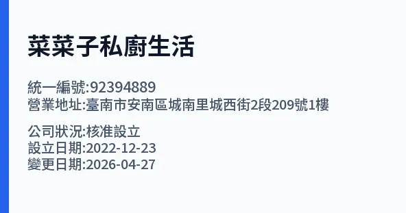 菜菜子私廚生活的照片-統編 92394889(臺南市) 公司登記資料與營業項目詳細圖表