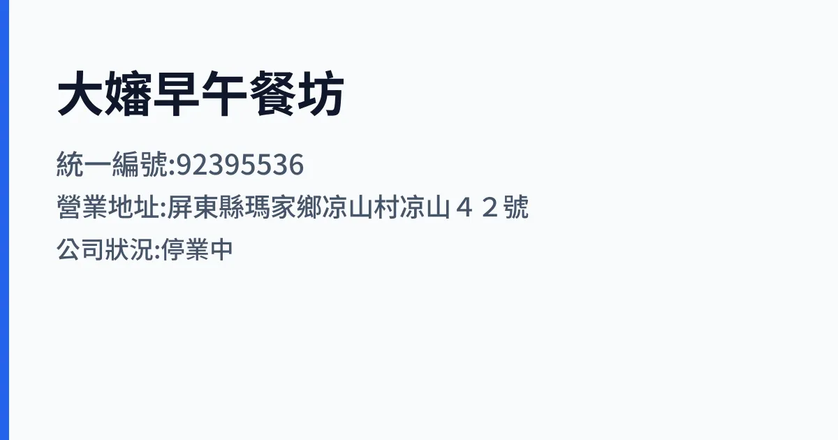 大嬸早午餐坊 - 統編 92395536(屏東縣) 公司登記資料與營業項目詳細圖表