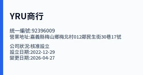 YRU商行的照片-統編 92396009(嘉義縣) 公司登記資料與營業項目詳細圖表