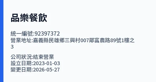 品樂餐飲的照片-統編 92397372(嘉義縣) 公司登記資料與營業項目詳細圖表