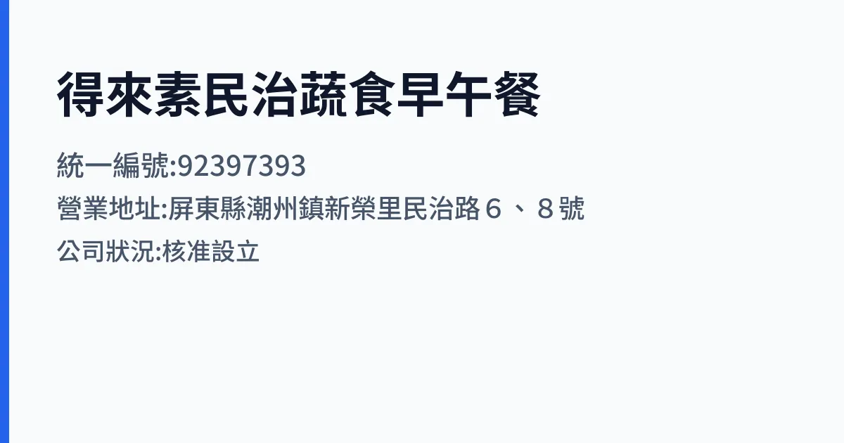得來素民治蔬食早午餐 - 統編 92397393(屏東縣) 公司登記資料與營業項目詳細圖表