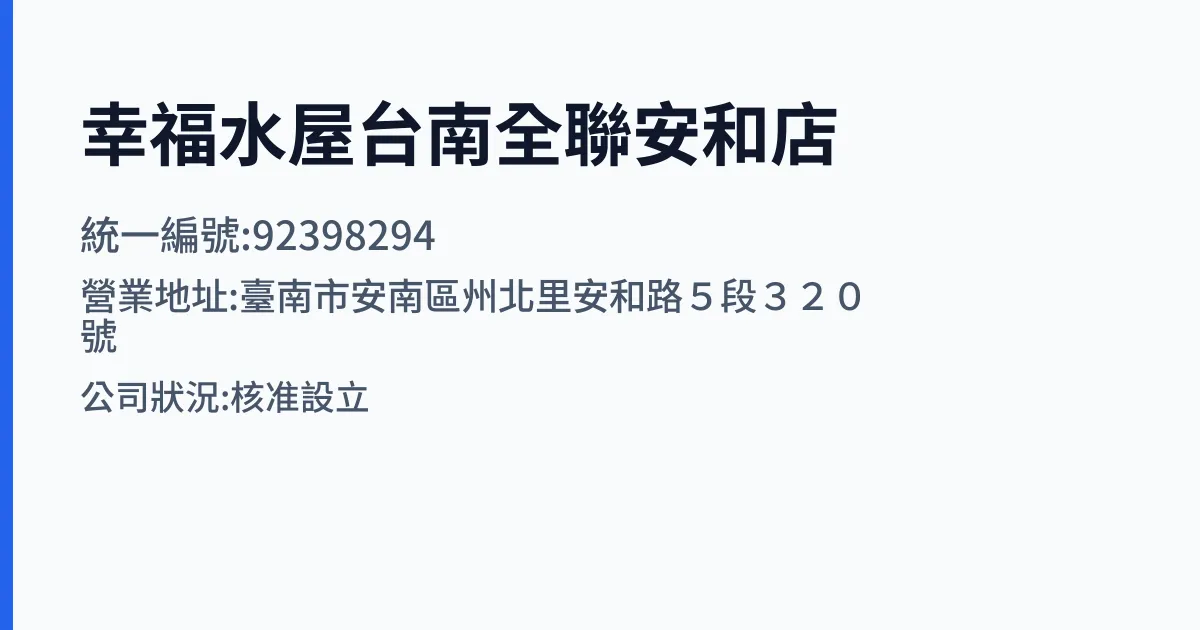 幸福水屋台南全聯安和店 - 統編 92398294(臺南市) 公司登記資料與營業項目詳細圖表