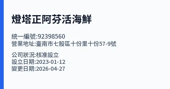 燈塔正阿芬活海鮮的照片-統編 92398560(臺南市) 公司登記資料與營業項目詳細圖表