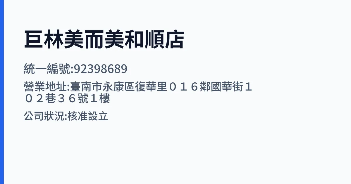 巨林美而美和順店 - 統編 92398689(臺南市) 公司登記資料與營業項目詳細圖表