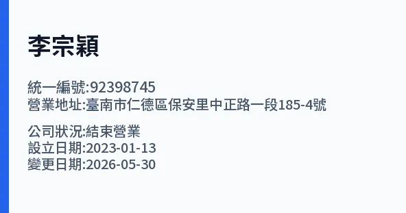 李宗穎的照片-統編 92398745(臺南市) 公司登記資料與營業項目詳細圖表