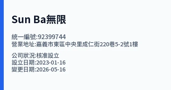 Sun Ba無限的照片-統編 92399744(嘉義市) 公司登記資料與營業項目詳細圖表