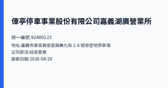 俥亭停車事業股份有限公司嘉義湖廣營業所的照片-統編 92400123(嘉義市) 公司登記資料與營業項目詳細圖表