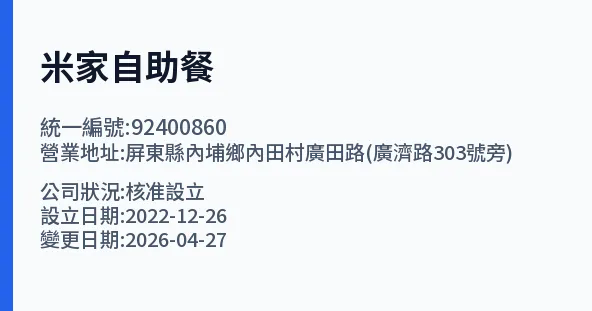 米家自助餐的照片-統編 92400860(屏東縣) 公司登記資料與營業項目詳細圖表