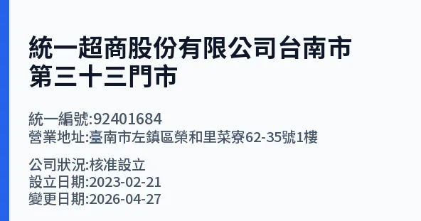 統一超商股份有限公司台南市第三十三門市的照片-統編 92401684(臺南市) 公司登記資料與營業項目詳細圖表