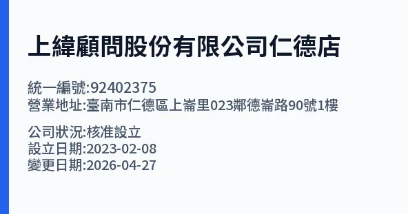 上緯顧問股份有限公司仁德店的照片-統編 92402375(臺南市) 公司登記資料與營業項目詳細圖表