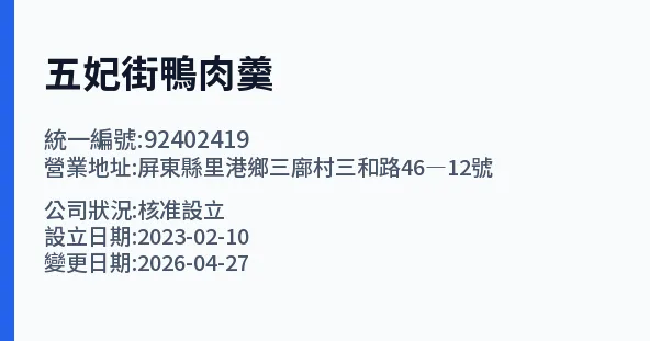 五妃街鴨肉羹的照片-統編 92402419(屏東縣) 公司登記資料與營業項目詳細圖表