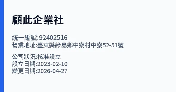 顧此企業社的照片-統編 92402516(臺東縣) 公司登記資料與營業項目詳細圖表