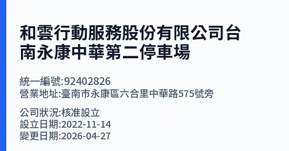 和雲行動服務股份有限公司台南永康中華第二停車場的照片-統編 92402826(臺南市) 公司登記資料與營業項目詳細圖表