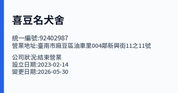 喜豆名犬舍的照片-統編 92402987(臺南市) 公司登記資料與營業項目詳細圖表