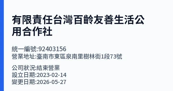 有限責任台灣百齡友善生活公用合作社的照片-統編 92403156(臺南市) 公司登記資料與營業項目詳細圖表