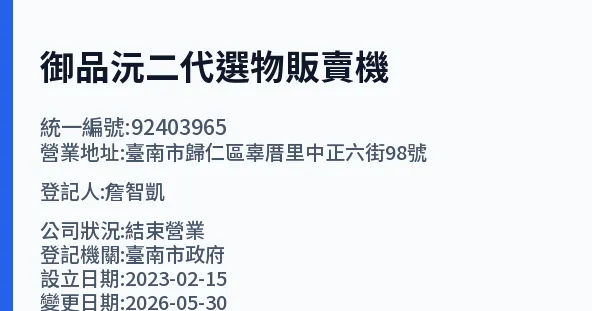 御品沅二代選物販賣機的照片-統編 92403965(臺南市) 公司登記資料與營業項目詳細圖表