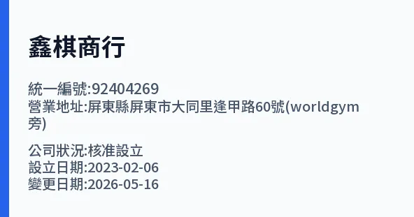 鑫棋商行的照片-統編 92404269(屏東縣) 公司登記資料與營業項目詳細圖表